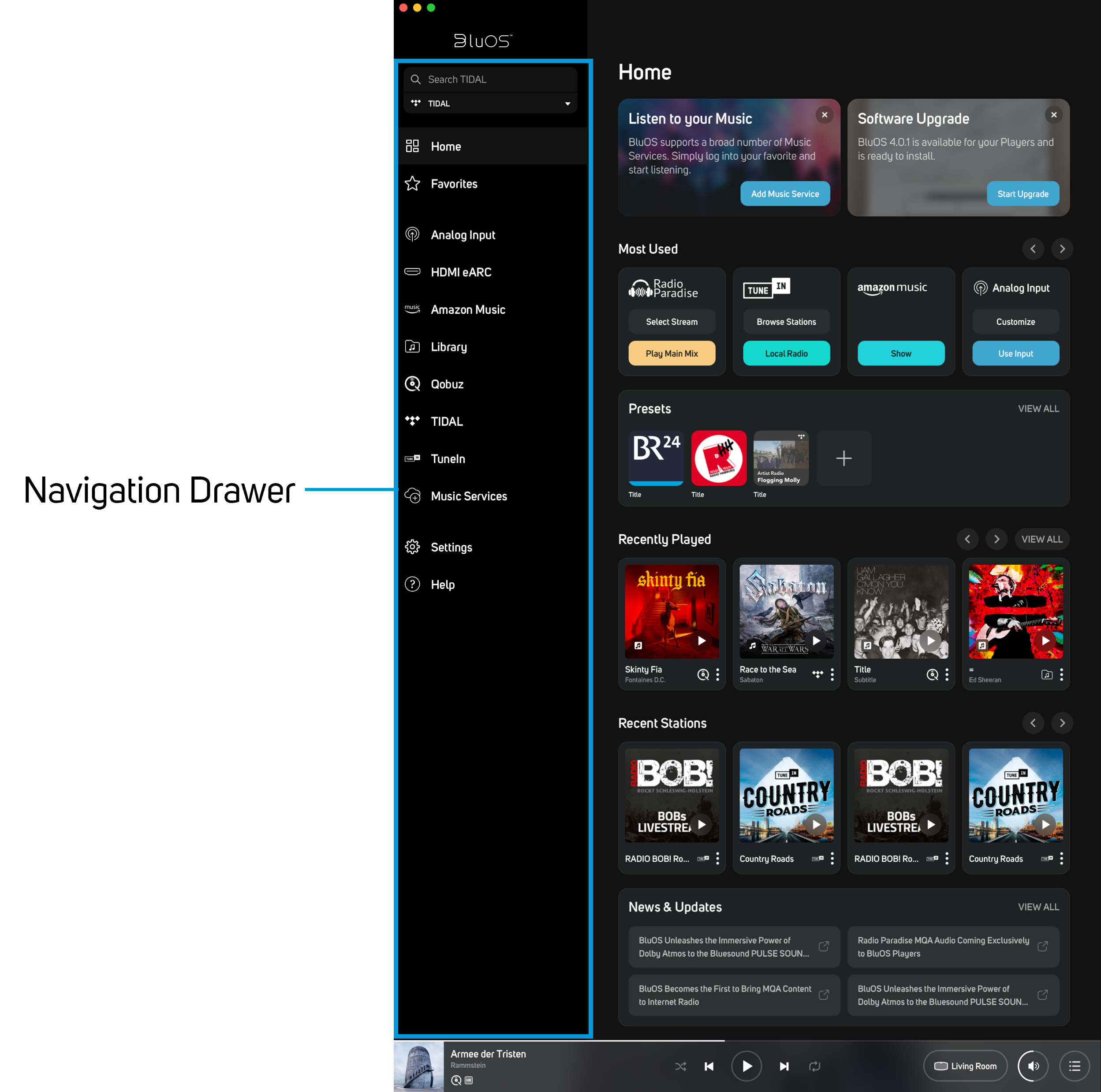 How do I access Music Sources and Player Settings in the BluOS Controller app? (Accessing the ...